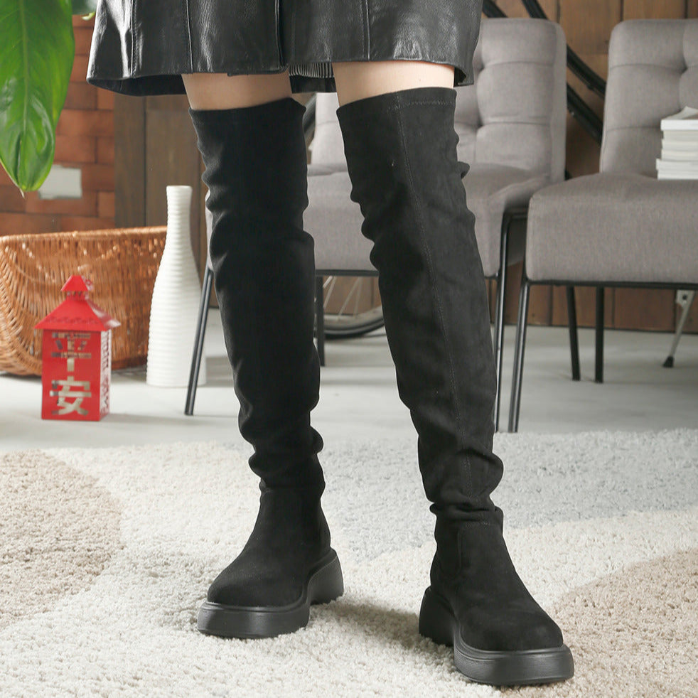 FLAT LUGG BOOT Black Microfiber Suede Boots | Over The Knee Black Boots